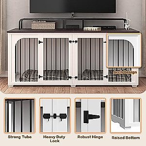 Large Dog Kennel Furniture for 2 Dogs,74.8'' XXL Wooden Double Dog Crates Cage Furniture Style with Divider for Large Breed with Storage Rack Shelf TV Stand Table Indoor,White