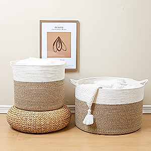 maison sympa Extra Large Cotton Rope Basket Woven Baby Laundry Basket Blanket Basket Baby and pet Toy Basket with Handle Laundry Hamper - 21" x 21" x 13.8" (white & camel)