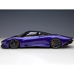 McLaren Speedtail Lantana Purple Metallic with Black Top and Yellow Interior and Suitcase Accessories 1/18 Model Car by Autoart 76089