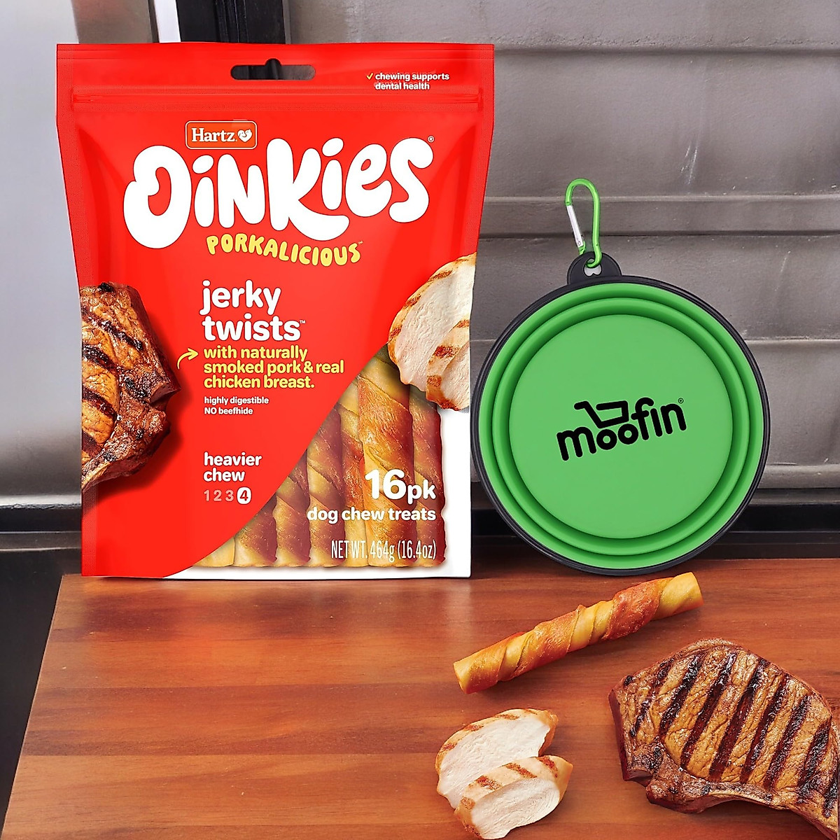 moofin Porkalicious Pig Skin Jerky Twists for Dogs, 16.4 Oz, Dog Chews Treat Bundle Silicon Pet Bowl, Highly Digestible, Smoked Flavor, Dog Chews Treat Long Lasting [Pack of 3]