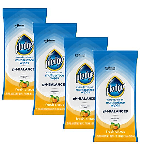 Pledge Multi-Surface Furniture Polish Wipes, Works on Wood, Granite, and Leather, Cleans and Protects, Fresh Citrus - Pack of 4 (100 Total Wipes)