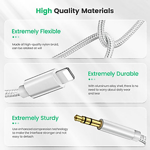 [Apple MFi Certified] Aux Cord for iPhone, Lightning to 3.5mm Aux Stereo Audio Cable Adapter Compatible with iPhone 13/12/11/XS/XR/X/8/7/All iOS for Car Home Stereo, Speaker, Headphone-3.3ft (Sliver)