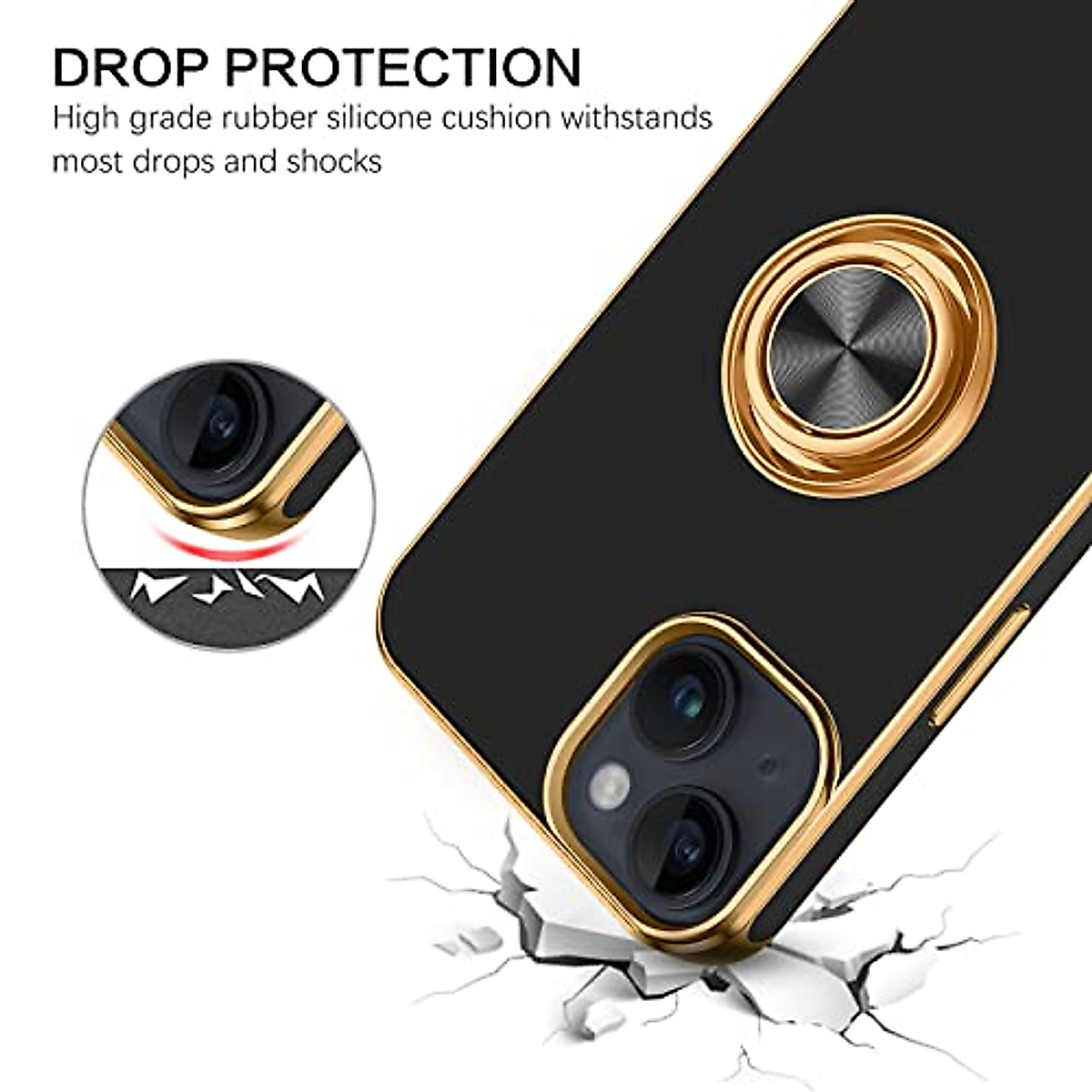 BENTOBEN iPhone 14 Case with 360° Ring Holder, Shockproof Slim Kickstand Magnetic Support Car Mount Women Men Non-Slip Protective Phone Case for iPhone 14 6.1", Black/Gold