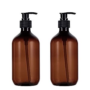 sdoot Shampoo Bottles with Pump, 17oz Refillable Amber Plastic Pump Dispenser Bottle for Soap Shampoo Conditioner, 2 Pack