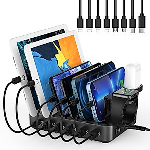Charging Station for Multiple Devices,68W 6 Ports USB Charger Station with 20W PD USB-C Fast Charging,8 Short Charging Cables Included,Compatible with iPhone 15/14 /13/12, Galaxy iPad,Tablets