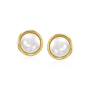 Ross-Simons 8mm Bezel-Set Cultured Button Pearl Stud Earrings in 14kt Yellow Gold