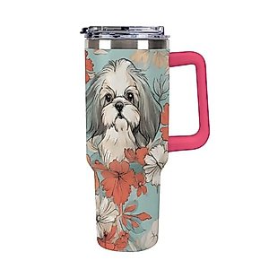 Shih Tzu 40 Oz Car Cup Stainless Steel Travel Mug Leak-Proof Insulated Tumbler with Handle Light Rose Red-style