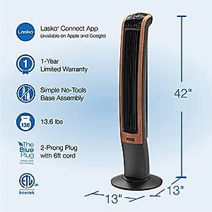 Lasko Wind Curve Electric Oscillating Tower Fan with Bluetooth Technology for Indoor, Bedroom and Home Office Use, 42", Woodgrain T42905