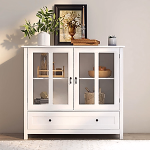 41.34 Inch Sideboard Buffet Cabinet with Double Glass Doors, Wooden Cupboard Storage Cabinet Cupboard Console Table with Drawer, for Kitchen Dining Room Hallway Entryway Living Room