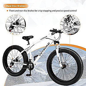 PanAme 26 inch Fat Tire Mountain Bike with 4 inch Knobby Tires, 21 Speed MTB with Dual Disc Brake, Anti-Slip Fat Bike with Front Suspension, High Carbon Steel Frame, Men and Women (White)