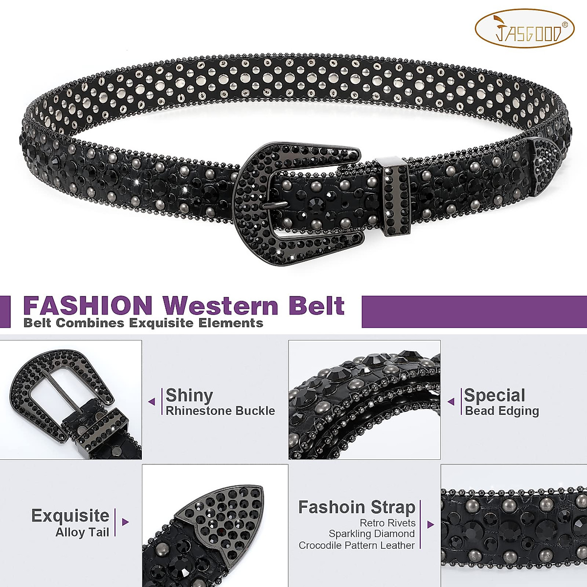 JASGOOD Cowboy Cowgirl Rhinestone Belt for Jeans, Men and Women Crocodile Grain Leather Studded Belt, E-Black, Suit Pants Size 27”-32”