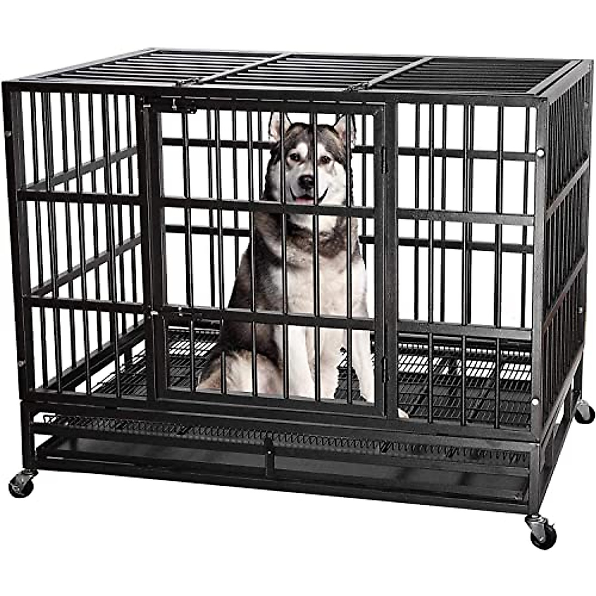 ITORI 48 inch XXL Heavy Duty Indestructible Dog Crate, Dog Cage Kennel Crate and Playpen for Training Large Dog Indoor Outdoor with Double Doors & Locks Design Included Lockable Wheels Removable Tray