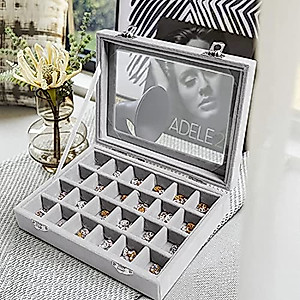 CBCYBER Jewelry Box 24 Grid Velvet Jewelry Tray for Drawers Glass Clear Lid Showcase Display Storage Ring Trays Holder Earrings Organizer Case(Grey)