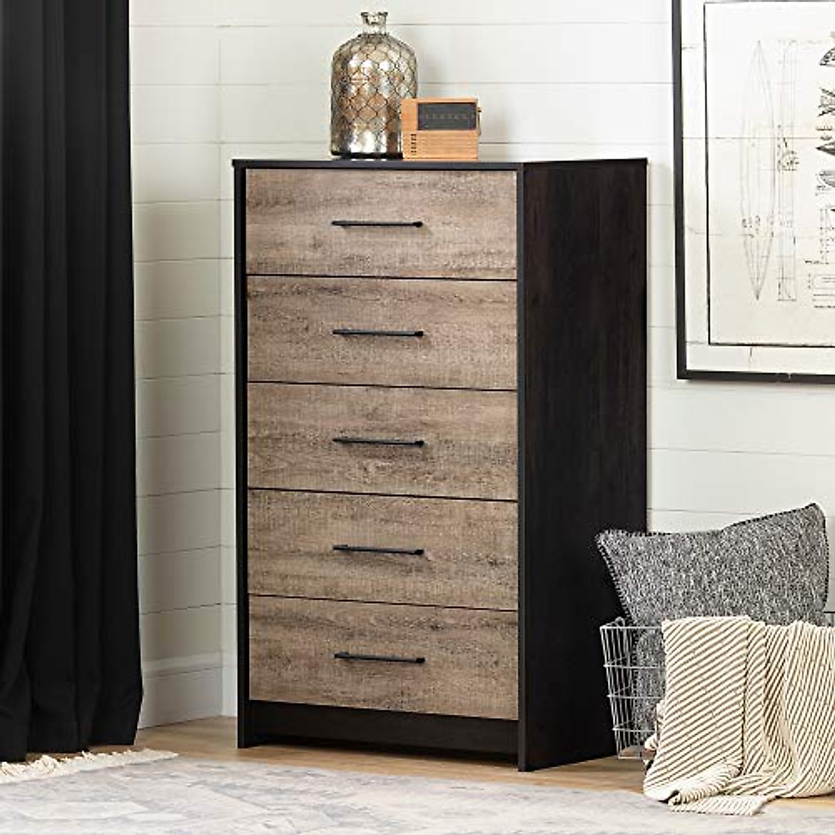 South Shore Londen, Weathered Oak and Ebony 5-Drawer Chest,