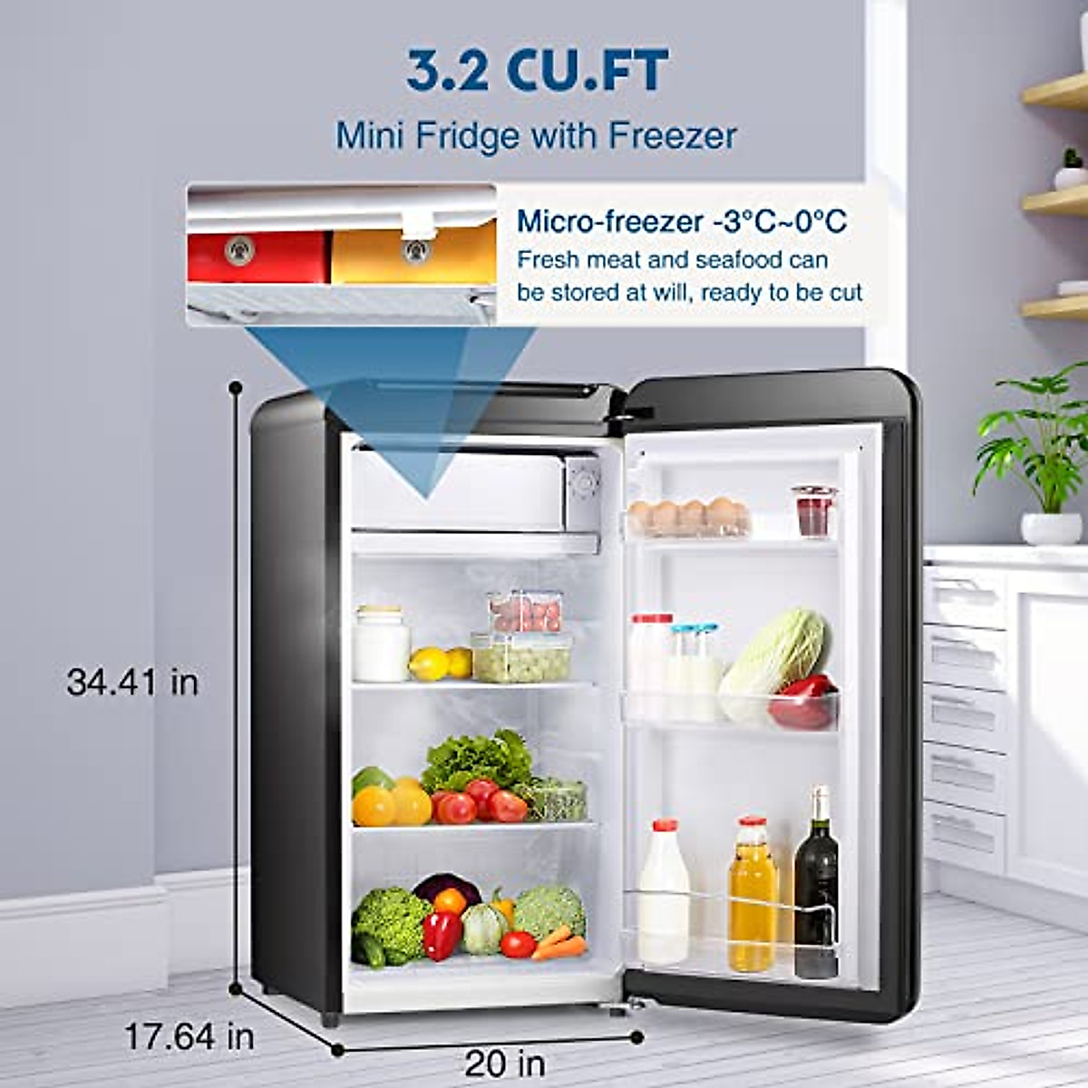 Havato 3.2 Cu. Ft Adjustable Thermostat Control Small refrigerator, Compact Mini Fridge with Freezer, Retro Recessed Handles mini refrigerator for Bedroom, Dorm, Office, RV, (Black)
