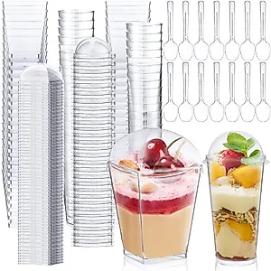 200 Pack Dessert Cups with Lids and Spoons 5.6 oz Square Mini Dessert Cups 3 oz Round Plastic Shooter Cups Clear parfait cups Appetizer Cups for Birthday Wedding Party Pudding, Fruit and Ice Cream