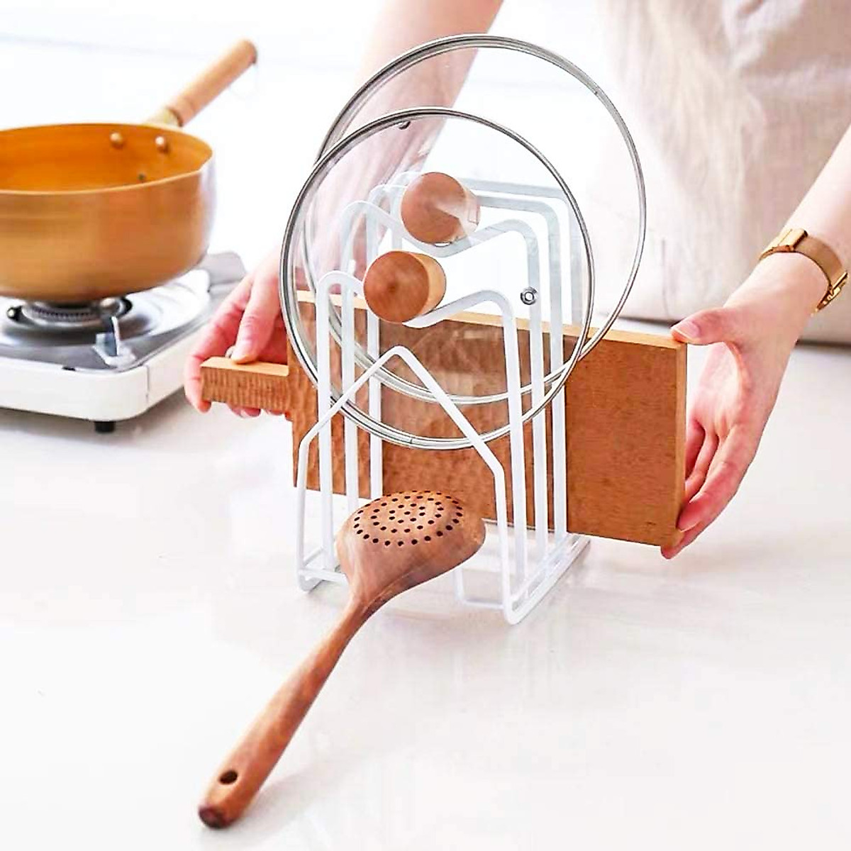 Kitchen Bakeware Pot Lid Rack Holder, 4 Slots Multifunctional Kitchen Organizer Metal Storage Shelf for Cookware, Chopping Cutting Board, Counter Cabinet, Plates, Dishes