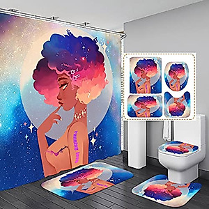 Traditional African American Woman Shower Curtain Sets, 4PCS Set for BathroomSets Decor-1 HD Pattern Printing Shower Curtain & 3 Non-Slip Toilet Rugs and Lid Cover (Violet)