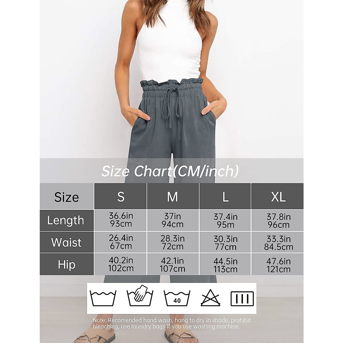 MAVIS LAVEN Women's Linen Pants High Waisted Wide Leg Drawstring Casual Loose Trousers with Pockets,Dark Gray,Medium