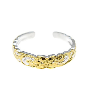 Arthur's Jewelry 925 sterling silver 2 tone yellow gold plated Hawaiian plumeria flower scroll 4mm cut out open toe ring