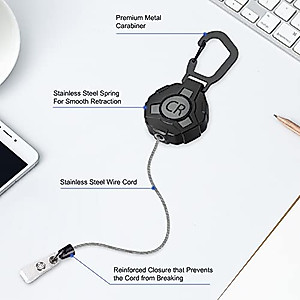 3-Pack Heavy Duty Retractable Keychain with 32” Steel Extender Cord - ID Badge Holder Reels, Badges Holders , Carabiner Keychains, Tactical Key Rings, Reel Clip for Card, 8.6Oz (Black)