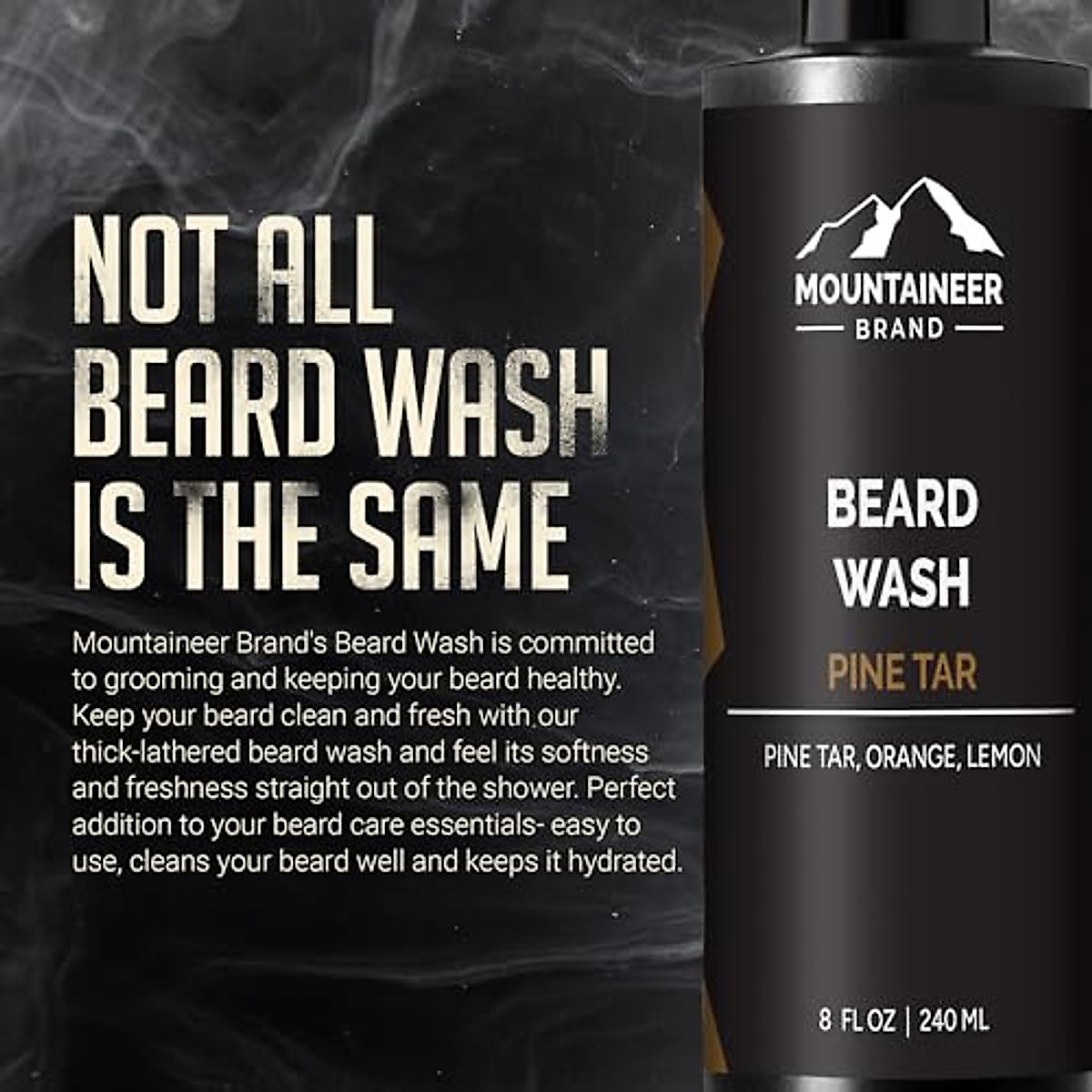 Mountaineer Brand Beard Wash For Men | 100% Natural Beard Shampoo | Thick Cleaning Softening Lather for Hair and Skin | Hydrate and Detangle | Grooming Treatment | WV Pine Tar Scent 8oz