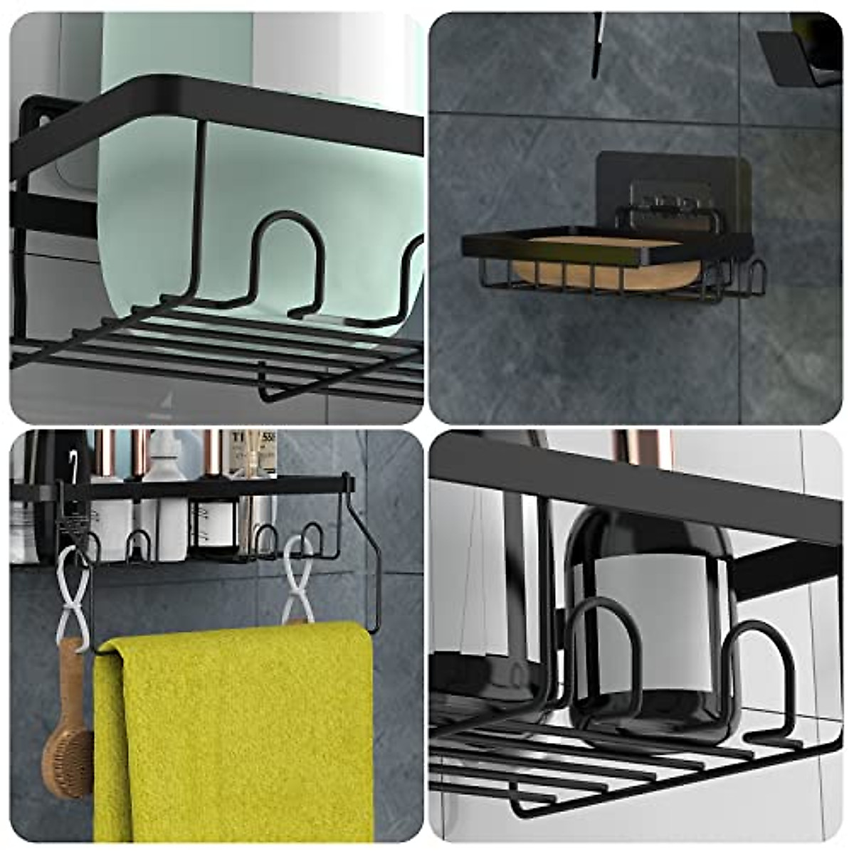 AucrBoa 6 Pack Shower Caddy Bathroom Shelf with Hair Dryer Holder, and Towel bar and Soap Dishes, No Drilling Traceless Adhesive Wall Mounted Bathroom Storage Organizer Basket with Hooks,Black
