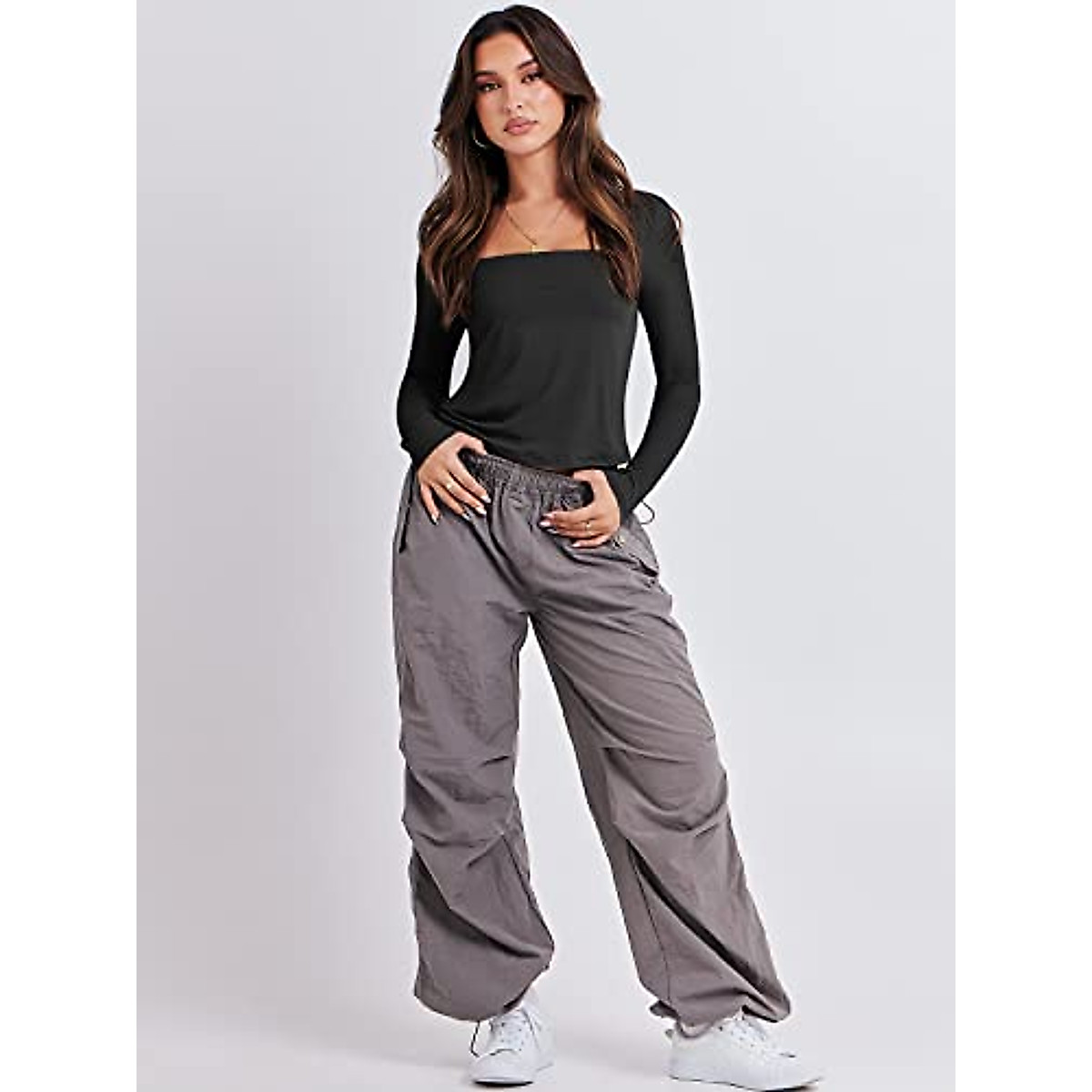 ANRABESS Crop Top for Women Long Sleeve Corset Workout Tees Basic T-Shirt Square Neck Fitted Sexy Going Out Shirt Tops Y2K Clothes 1040heise-M Black