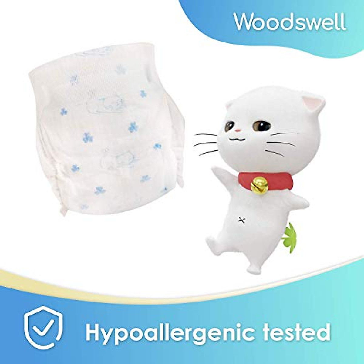 Woodswell Care Baby Diapers (Size 1, 100 Counts) - Hypoallergenic, Double Leak Protection, Ultra Soft, Super Absorbent, Edible Fabric Surface Layer