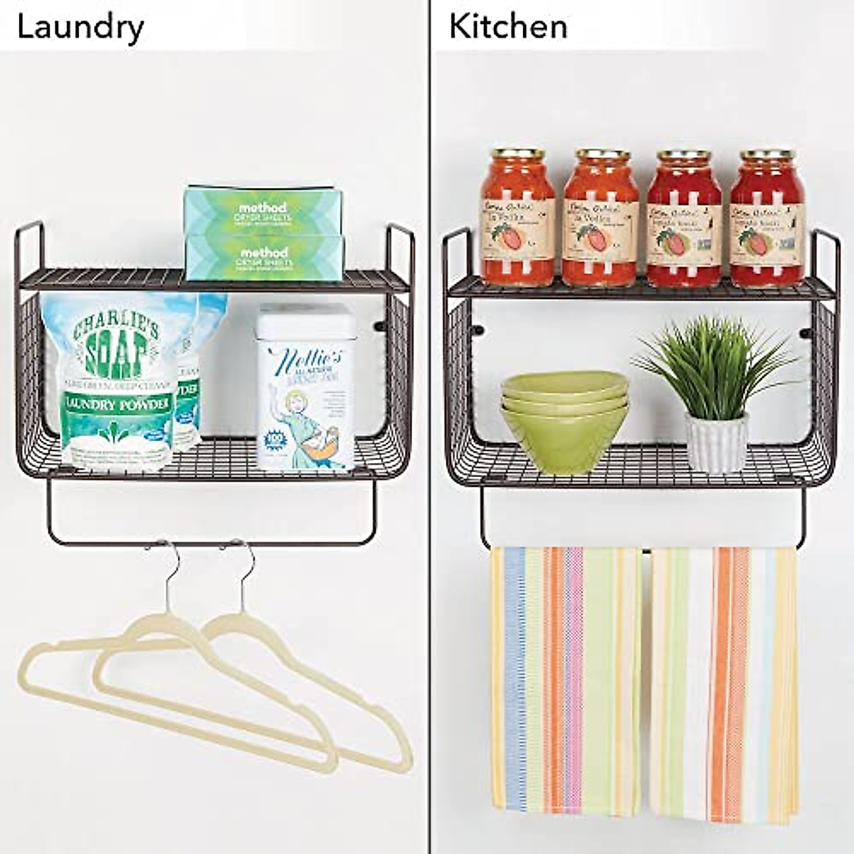 mDesign Steel Wall Mount Towel Rack Storage Organizer Shelf Holder with Towel Bar - for Bathroom, Laundry Room, Kitchen, Garage - Holds Hand Towels, Washcloth - Concerto Collection - Bronze