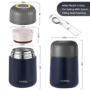 FEWOO Food Thermos - 20oz Vacuum Insulated Soup Container, Stainless Steel Lunch box for Kids Adult, Leak Proof Food Jar with Folding Spoon for Hot or Cold Food (Midnight Blue)