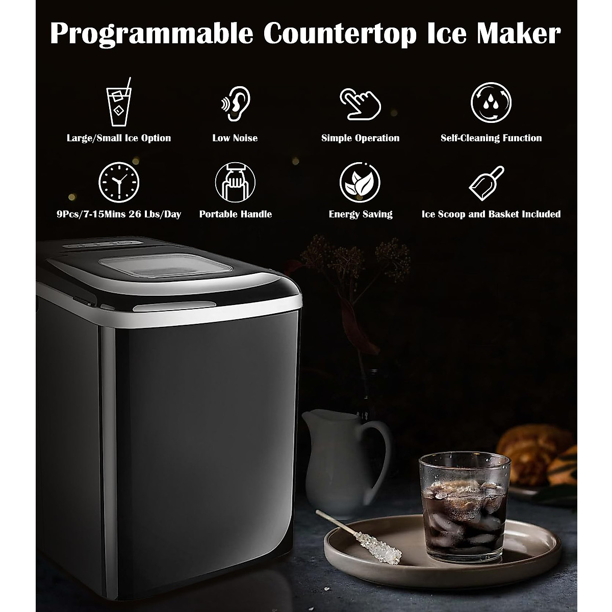 EVAMOKE Ice Makers Countertop with Handle, Nugget Ice Cubes Ice Machine with Basket and Ice Scoop, Portable Ice Maker 9 Cubes Ice Black Mini Bullet Ice Maker Small, Ice Maker for Home&Kitchen&Office