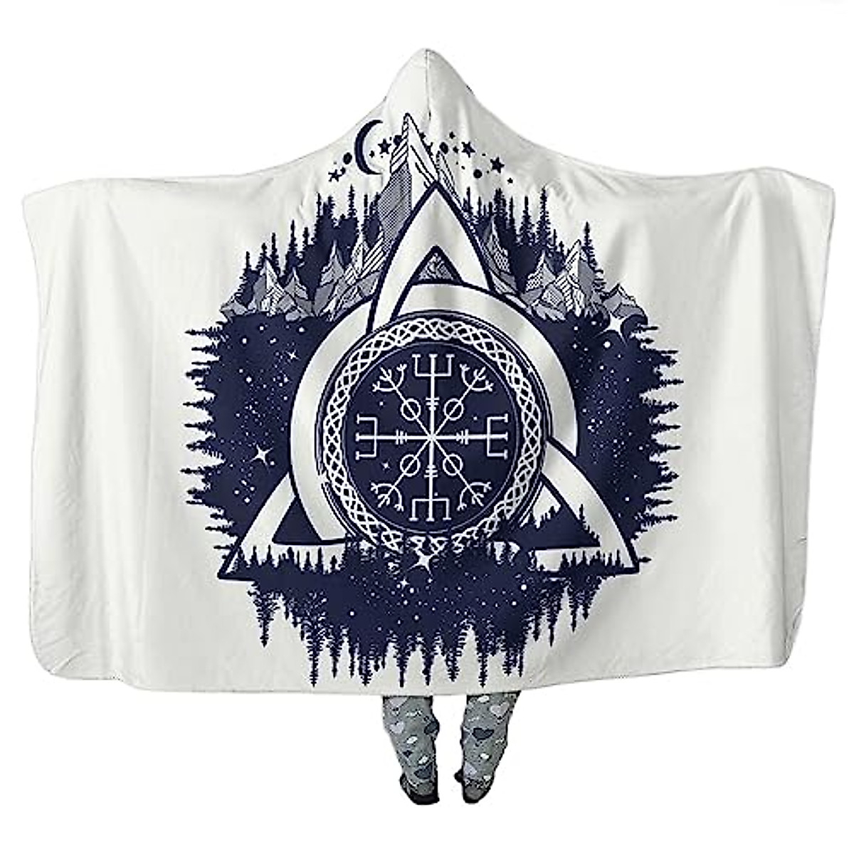 BURNAR Viking 3D Printing Hooded Blanket Warm Soft Viking Rune Compass Celtic Unisex Winter Wearable Hooded Blanket Double Thick Plush Fleece Blanket Cape (Color : Blanket, Size : 50x60in/130x150cm)