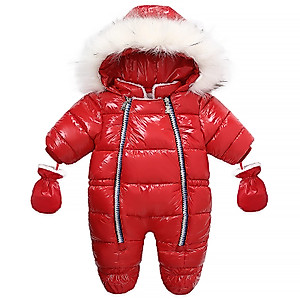 Happy Cherry Newborn Baby's Romper Hooded Jumpsuit Fall Winter Warm Jacket Unisex Baby Long Sleeve Zipper Cartoon Sleepsuit 12-18 Months Red
