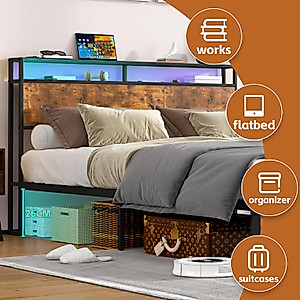 QSOSTNS Bed Frame with Ergonomic Headboard, 14 inch Fast Assembly Metal Bed with LED Lights, Outlets & USB, Bed Frame Full Size with Storage, Noise Free, No Box Spring Needed (Full)