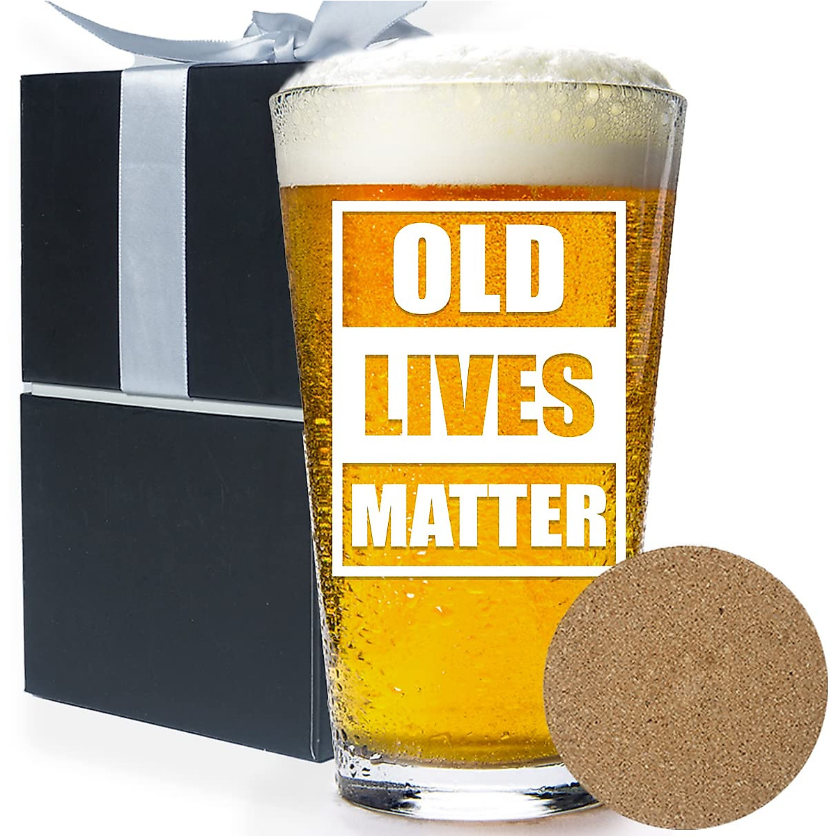 NICKANE Pint Beer Glass Gift Set with Cork Coaster | Funny 16oz Beer Glass Christmas, Birthday, Father's Day Gifts For Dad From Daughter, Son (White - Old Lives Matter)