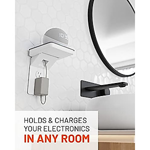 ECHOGEAR Outlet Shelf (White/Grey) - Next-Gen Design with Built in-Cord Storage & Room for Bulky Plugs - Works with Both Standard & Decora Outlets - Quick Install with Included Hardware
