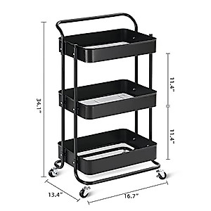 TOOLF 3 Tier Metal Rolling Cart, Utility Cart with Handle, Multifunction Storage Cart with Lockable Wheels, Serving Organizer Trolley with Mesh Basket for Kitchen, Bathroom, Office