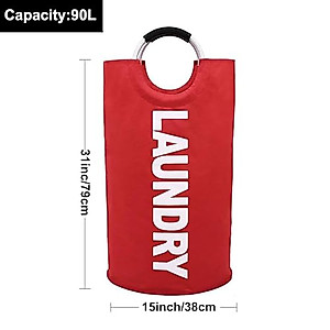 Mziart Thicken Laundry Bag Hamper Tote with Alloy Handles, Heavy Duty and Durable Canvas Clothes Storage Bag Washing Bag, Collapsible and Self Standing as Laundry Basket (Red)