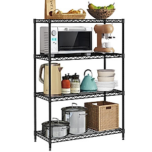 WYGMAV 4 Tier Shelf Metal Wire Shelving Unit Adjustable Storage Shelves Storage Rack Heavy Duty Steel Standing Shelf Units for Restaurant, Garage, Kitchen Metal Shelves with Feet Leveler, Black