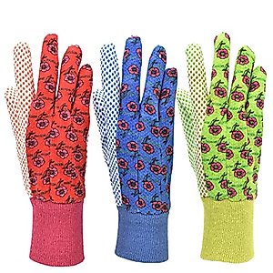 G & F 1852-3 Women Soft Jersey Garden Gloves, Women Work Gloves, 3-Pairs Green/Pink/Blue per Pack