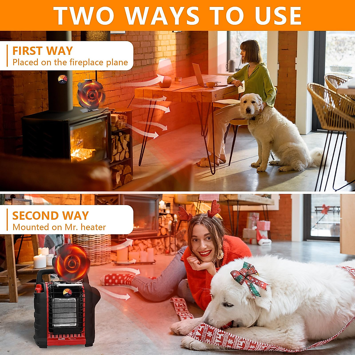 Xmasneed Wood Stove Fan for Buddy Heater, Heat Powered Fireplace Fan with Magnetic Thermometer on Propane Space Heater/Mr. heater, Camping Outdoor Indoor Use，6 Blades Buddy Heater Fans