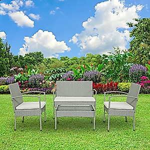 Xuanyue Patio Furniture Set 4 Pieces Outdoor Indoor Use Rattan Chair Wicker Sofa with Cushions for Porch Poolside Balcony Lawn or Backyard (Gray)
