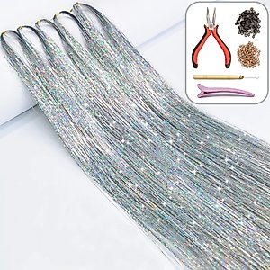 Hair Tinsel Kit with Tools and Instruction Easy to Use 1000 Strands 47 Inches Glitter Tinsel Hair Extensions for Women and Girls, Sparkling Shinny Fairy Hair Accessories for Christmas New Year Halloween Cosplay Party (Silver)