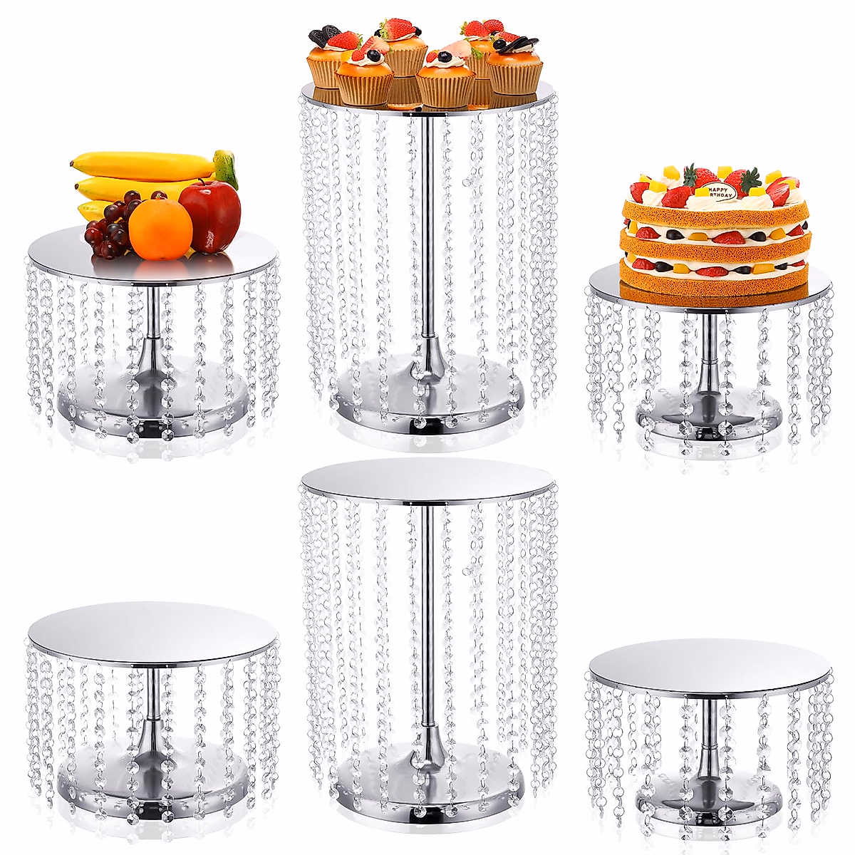 Set of 6 Metal Cake Stands with Crystal Pendant Round Dessert Display Plate Cupcake Holder Pedestal for Wedding Party Birthday Baby Shower Anniversary Celebration Home Decor (Silver)