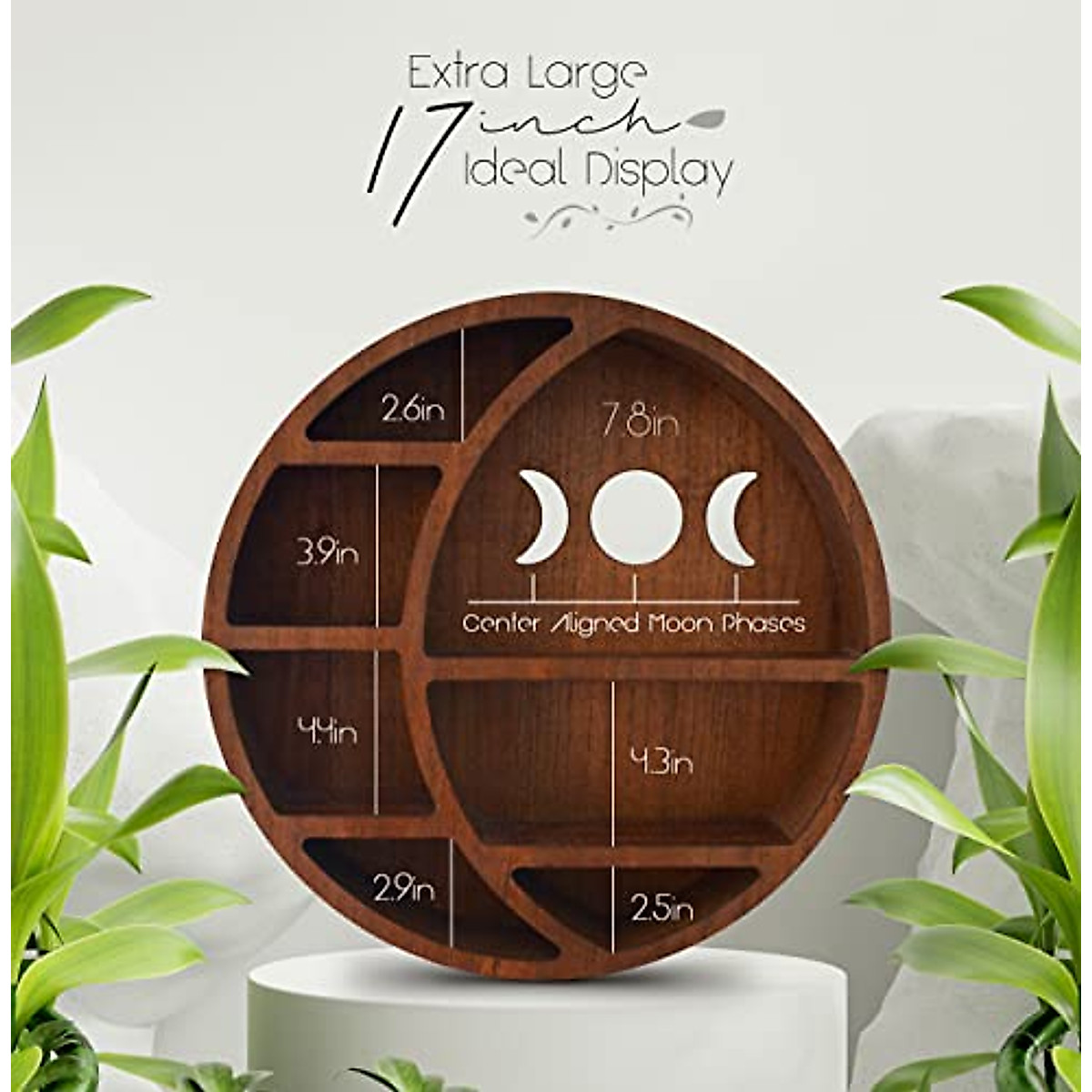 Kuuza Crescent Moon Shelf for Crystals | Moon Phase Shelf | Wooden Moon Shelf | Wall Decoration for Stone Crystals and Essential Oils | Moon Phases Wall Art, Brown, 17 inch x 17 inch x 3.4 inch