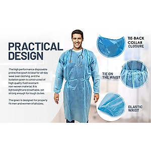 [10-Pack] Disposable Isolation Gown, FDA Registered, AAMI Level 1 PP & PE 30g, Fully Closed Double Tie Back, Elastic Cuffs, Fluid Resistant, Unisex (10), Blue