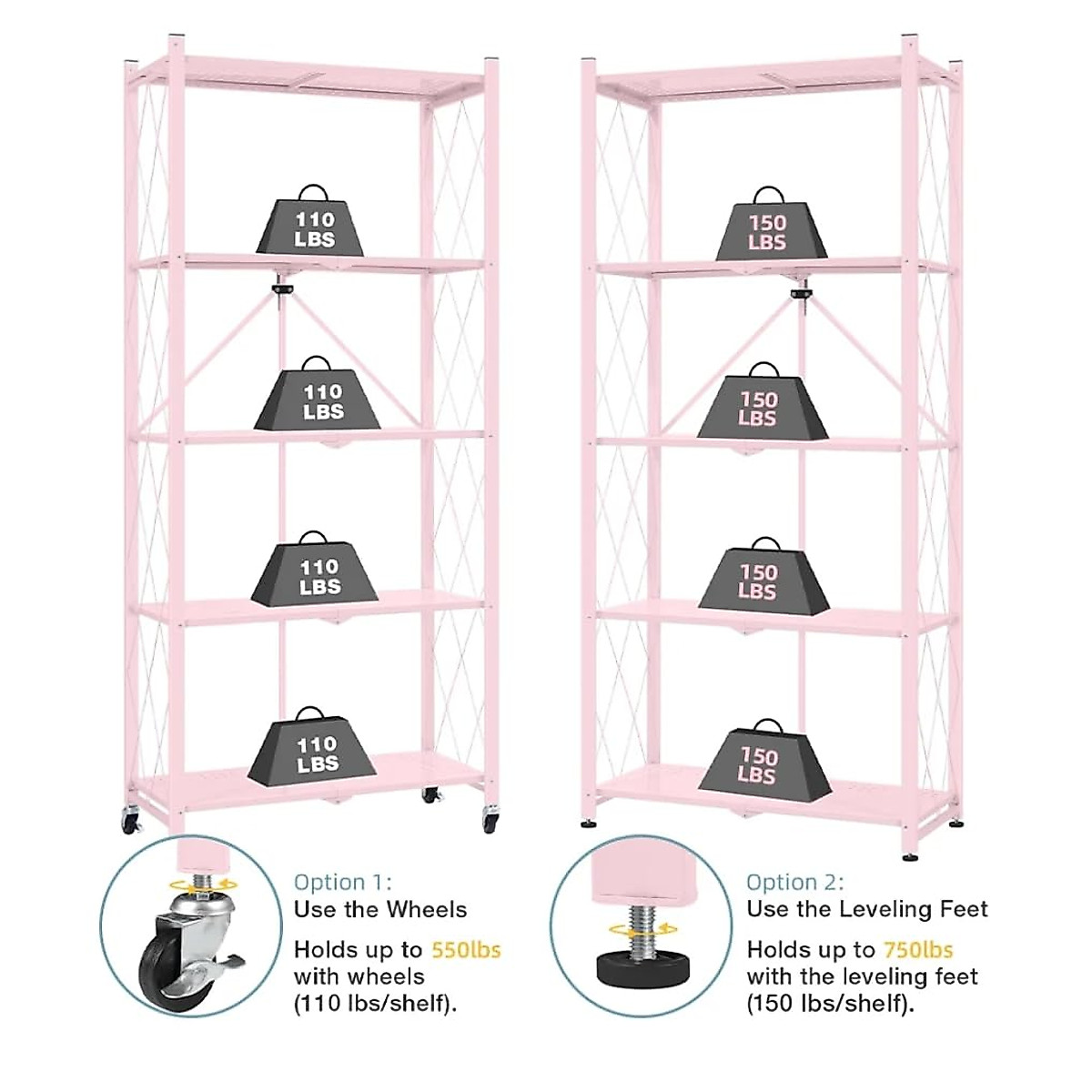 AZEITE 5-Tier Storage Shelving Unit, Heavy Duty Metal Shelf 27.9"x13.4"x62.5, Foldable Storage Shelf with Wheels, Garage Shelf, Kitchen Shelf with 4 Hooks, No Assemble Require（Pink）