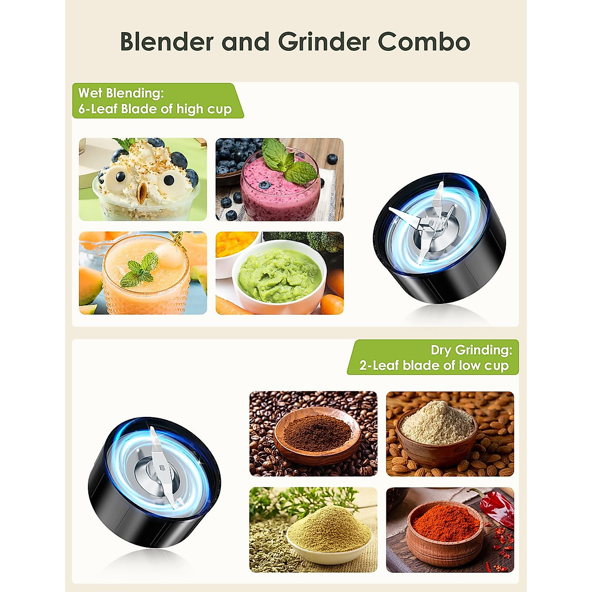 LAMPICK Smoothie Blender, 1100W Personal Blender for Shakes and Smoothies, Blenders and Grinder Combo for Kitchen with 2*27 Oz To-Go Cup & 10 Oz Grinding Cup for Protein Shake, Baby Food, Frozen Drink