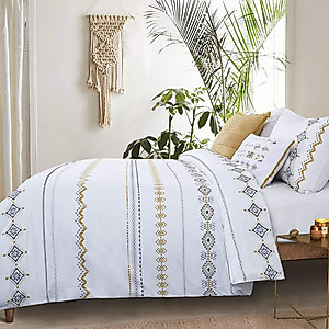 YINFUNG Boho Duvet Cover Set White Queen Moroccan Stripe Aztec Geometric Yellow Grey Ethic Tribal Bohemian Vibrant Textured 90x90 Cotton Bedding Set Embroidered Zip Embroidered 3 Pieces